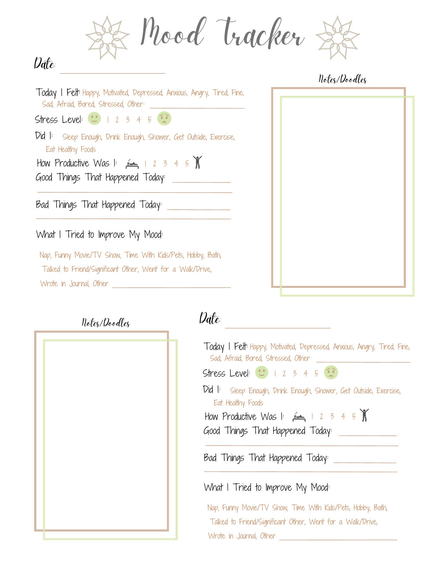 Mood Tracker Printable, Daily Self Care, Emotion Tracker, Mental Health ...