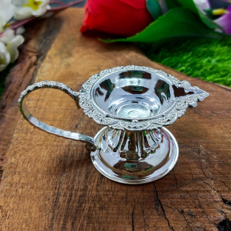 Solid Silver Handmade Kapoor Dani, Silver Diya, Indian Puja Utensils ...