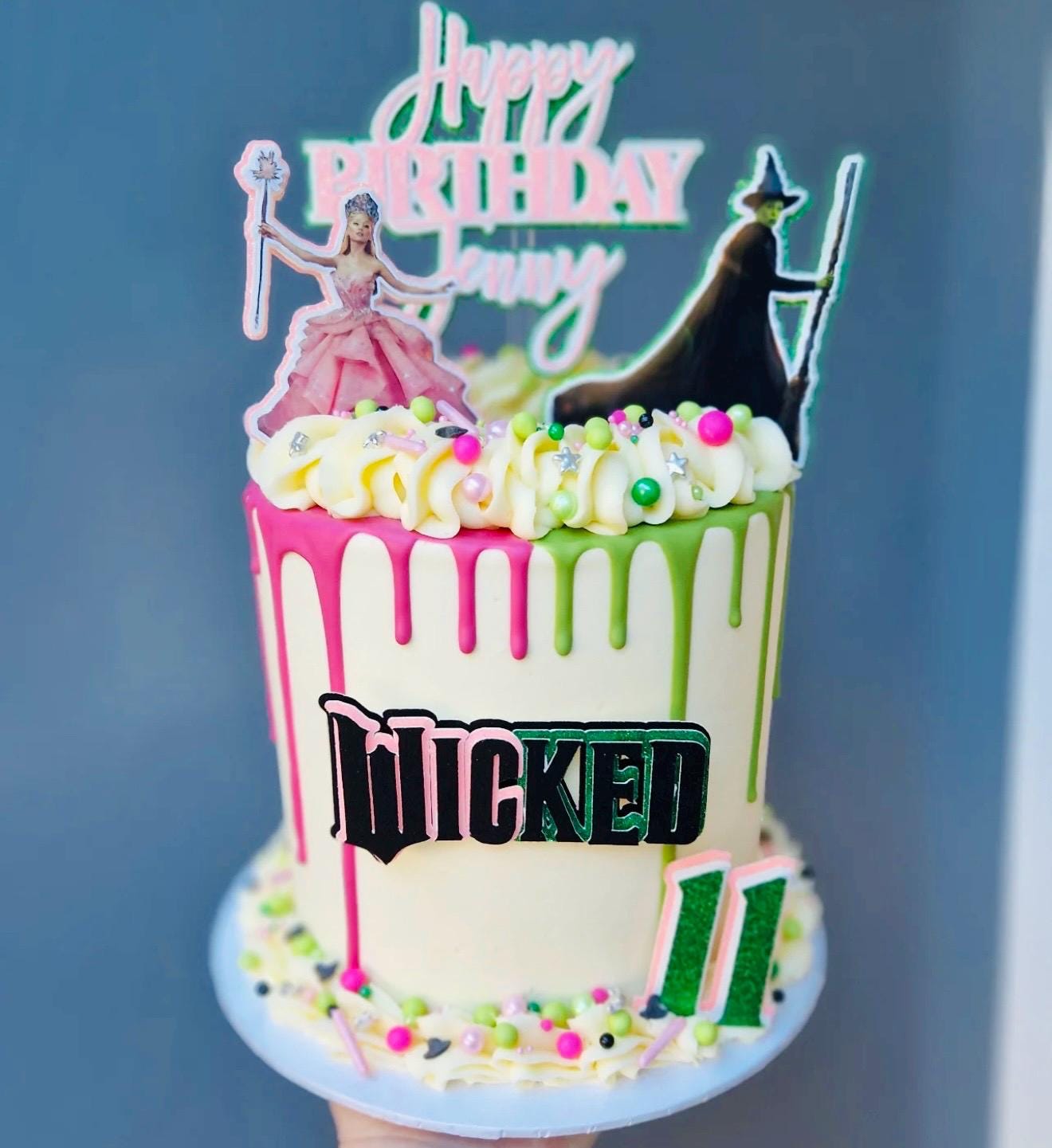 Wicked Theme Glitter Green and Pink Cake Topper Set, Glinda Elphaba ...