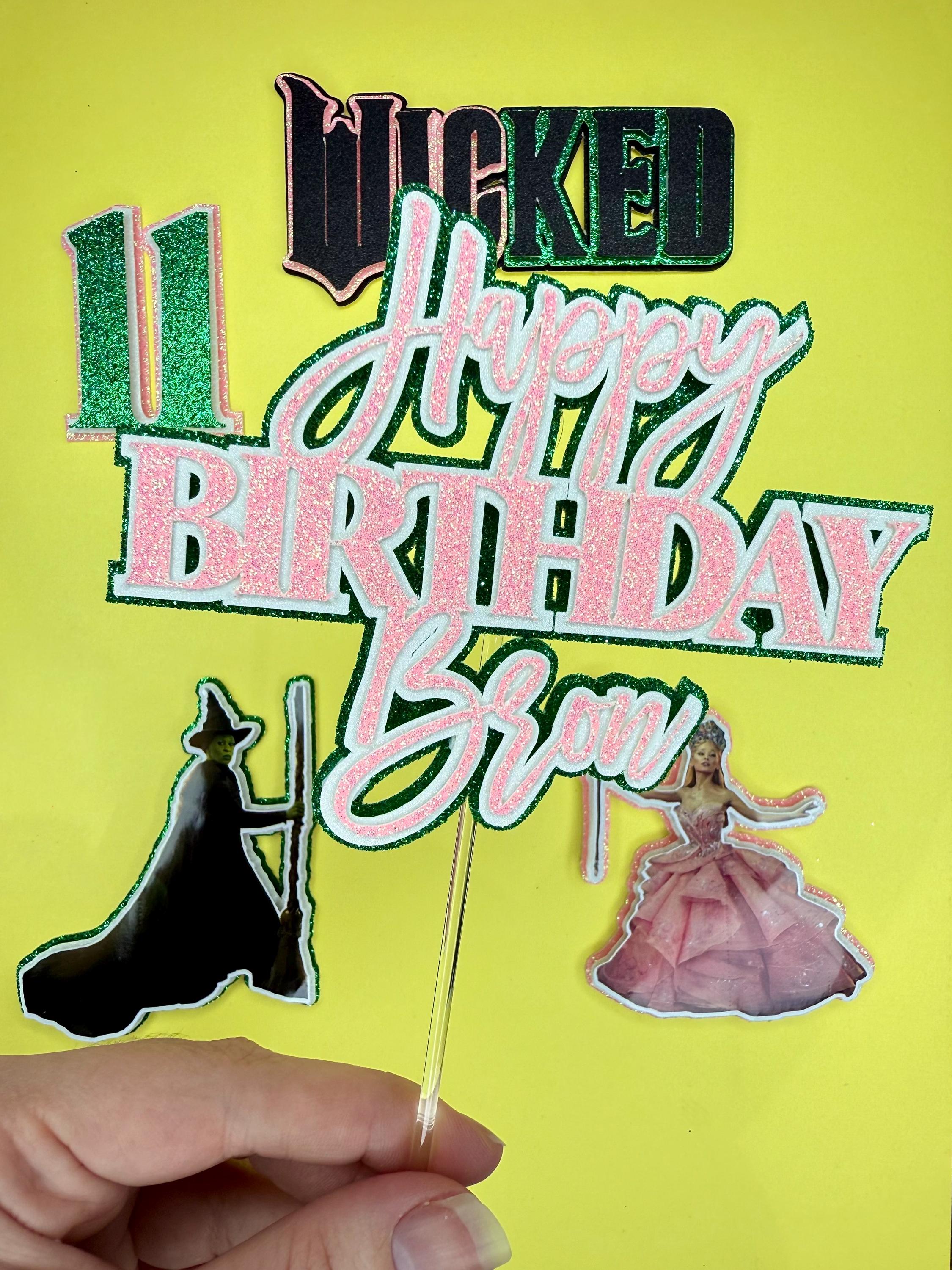 Wicked Theme Glitter Green and Pink Cake Topper Set, Glinda Elphaba ...