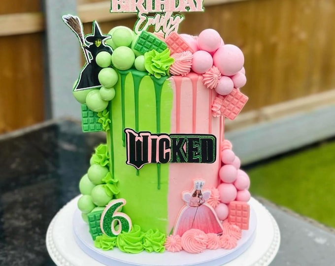 Wicked Theme Glitter Green and Pink Cake Topper Set, Glinda Elphaba ...