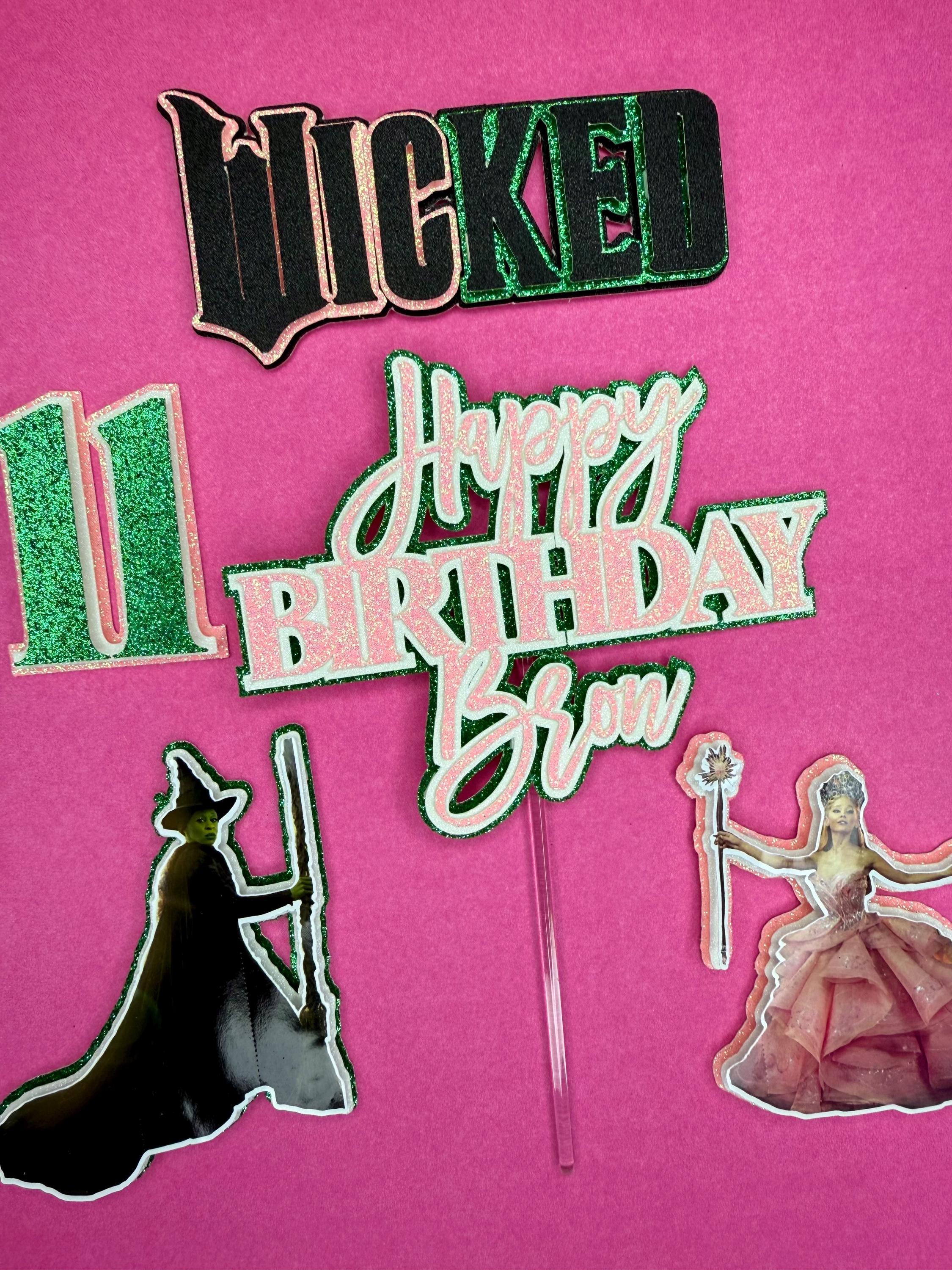 Wicked Theme Glitter Green and Pink Cake Topper Set, Glinda Elphaba ...