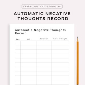 Automatic Negative Thoughts Record, CBT Worksheets, Mental Health ...