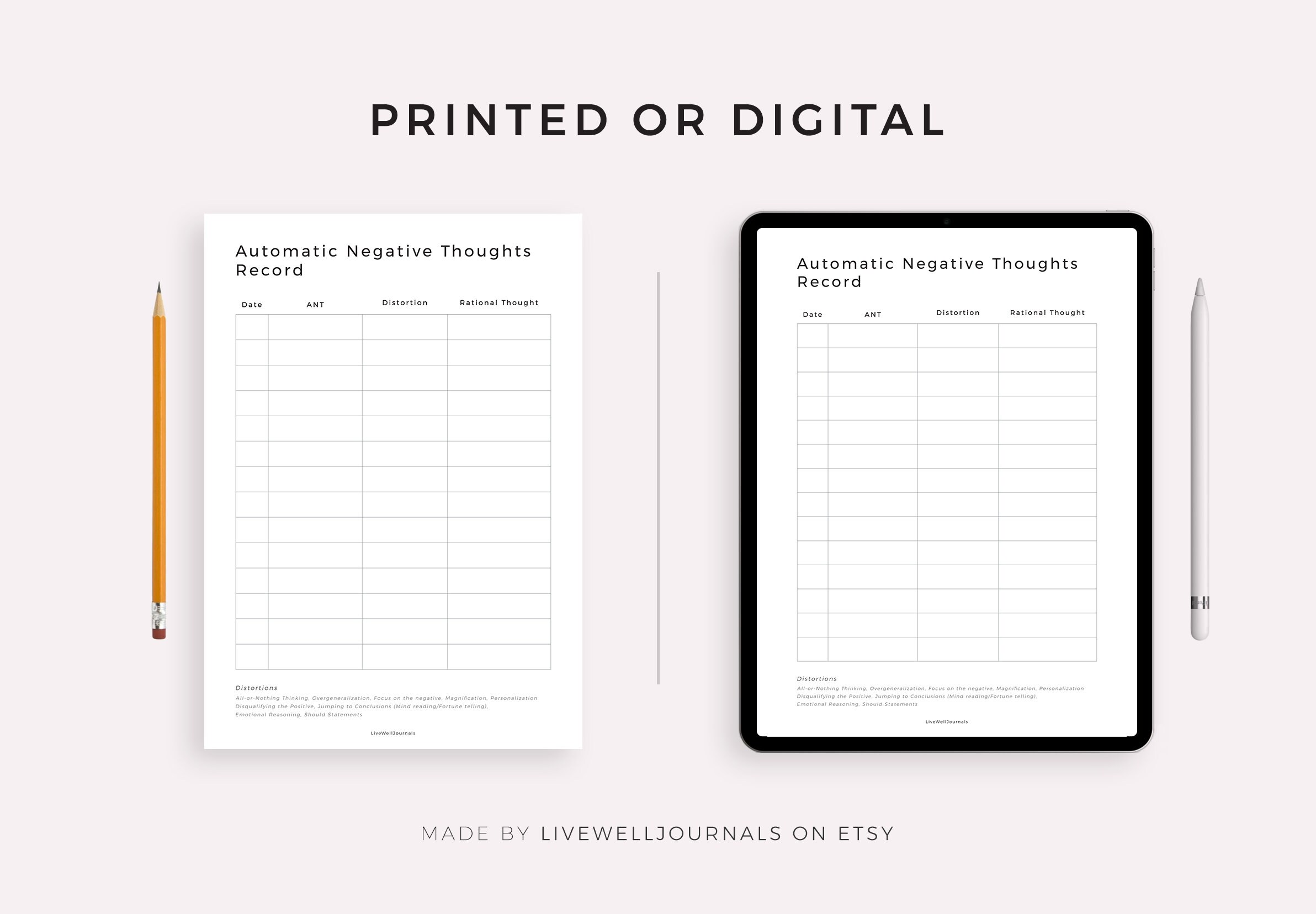 Automatic Negative Thoughts Record, CBT Worksheets, Mental Health ...