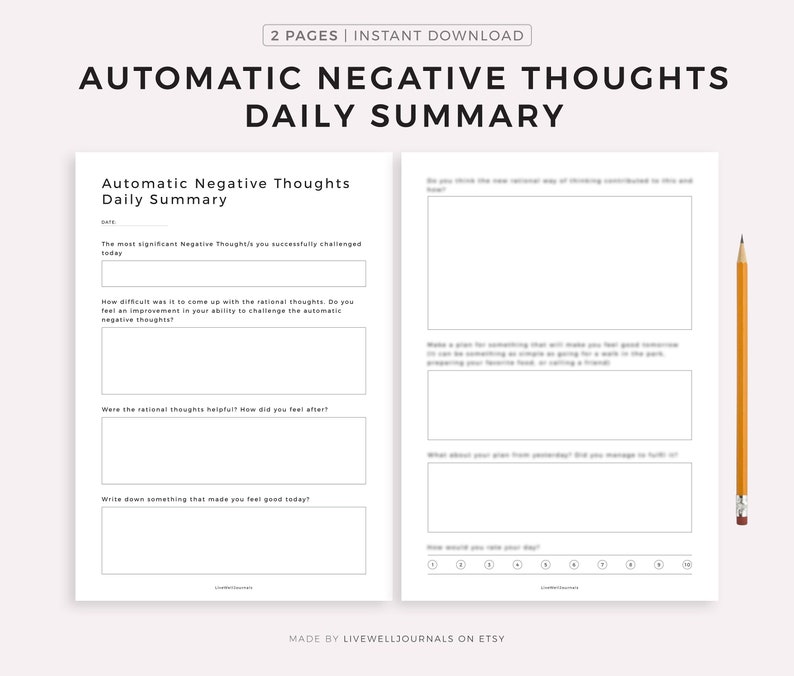 Automatic Negative Thoughts Daily Summary, CBT Worksheets, Mental ...