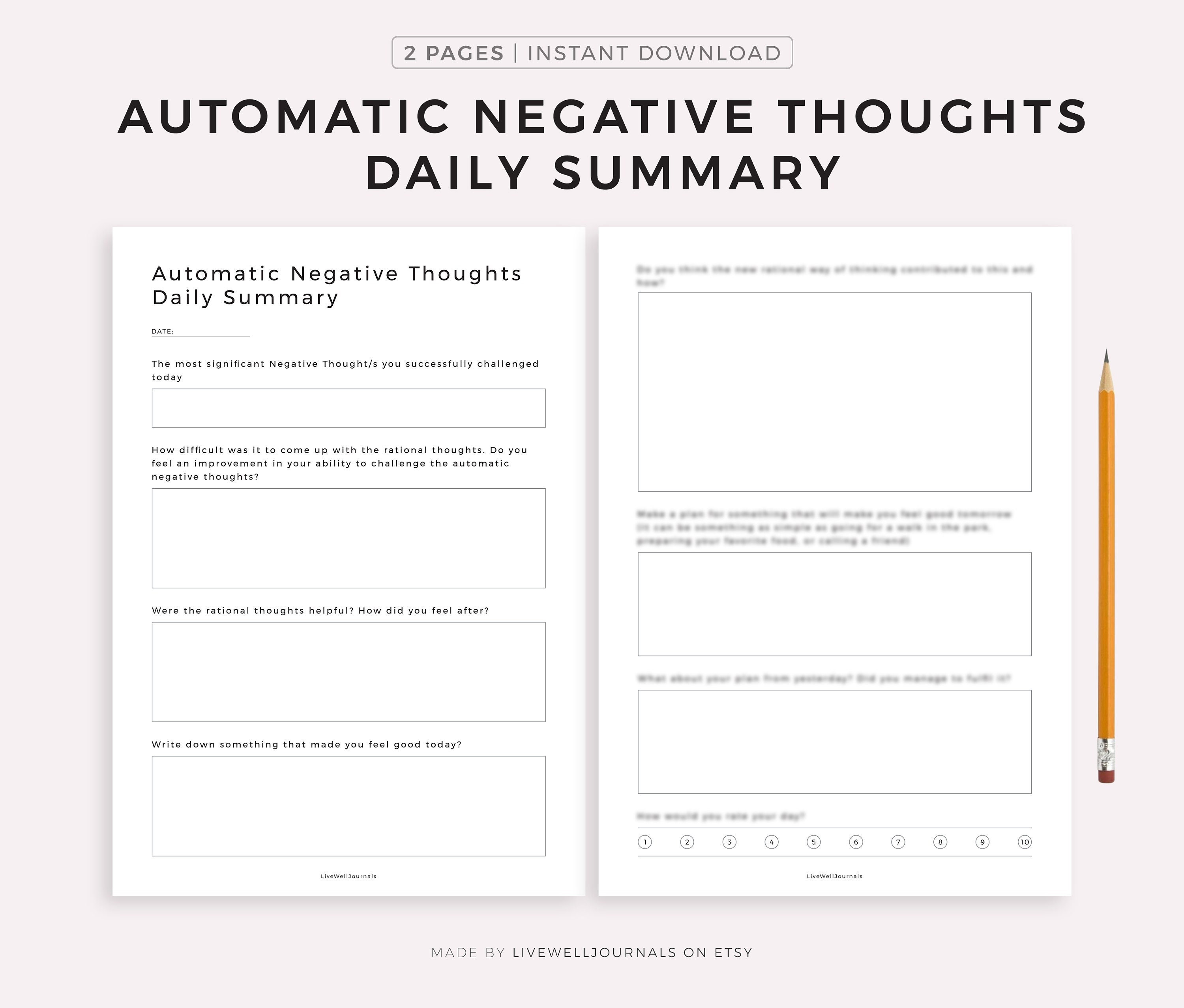 Automatic Negative Thoughts Daily Summary, CBT Worksheets, Mental ...