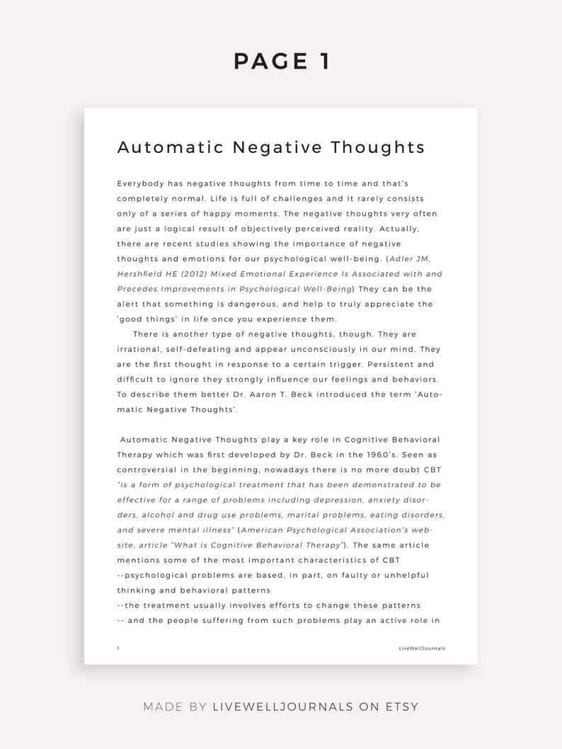 Challenging Automatic Negative Thoughts, 22 Page CBT Journal Printable ...