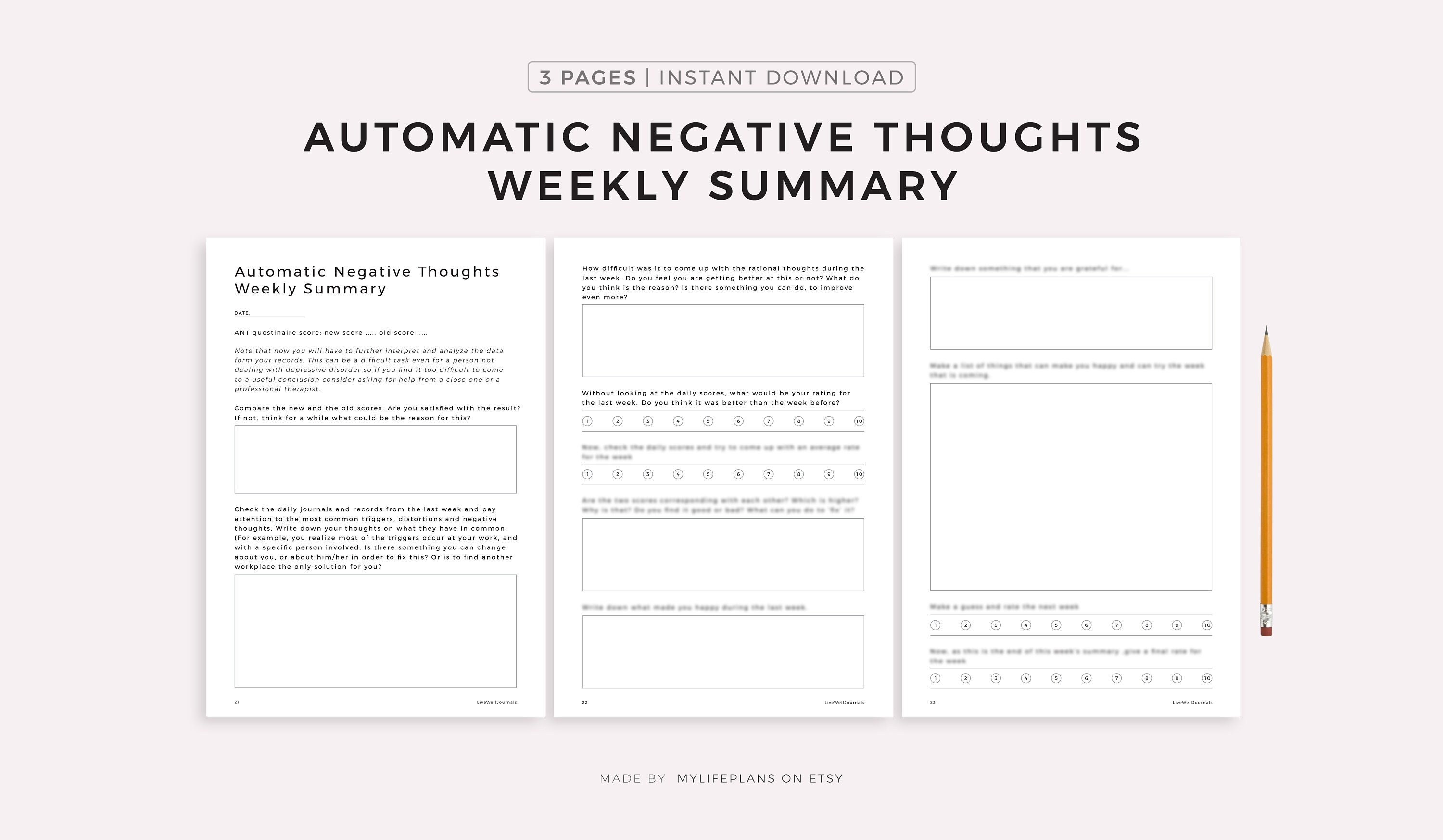Automatic Negative Thoughts Weekly Summary, CBT Worksheets Printable ...