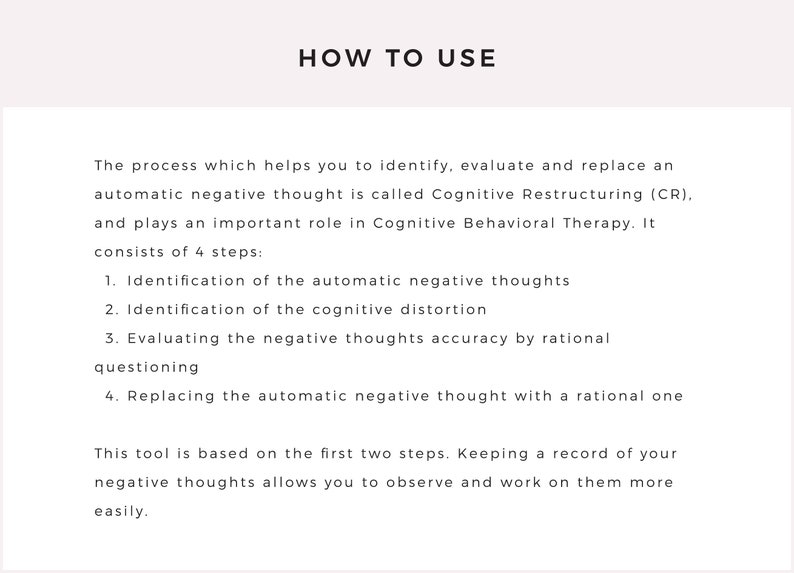 Automatic Negative Thoughts Record, CBT Worksheets, Mental Health ...