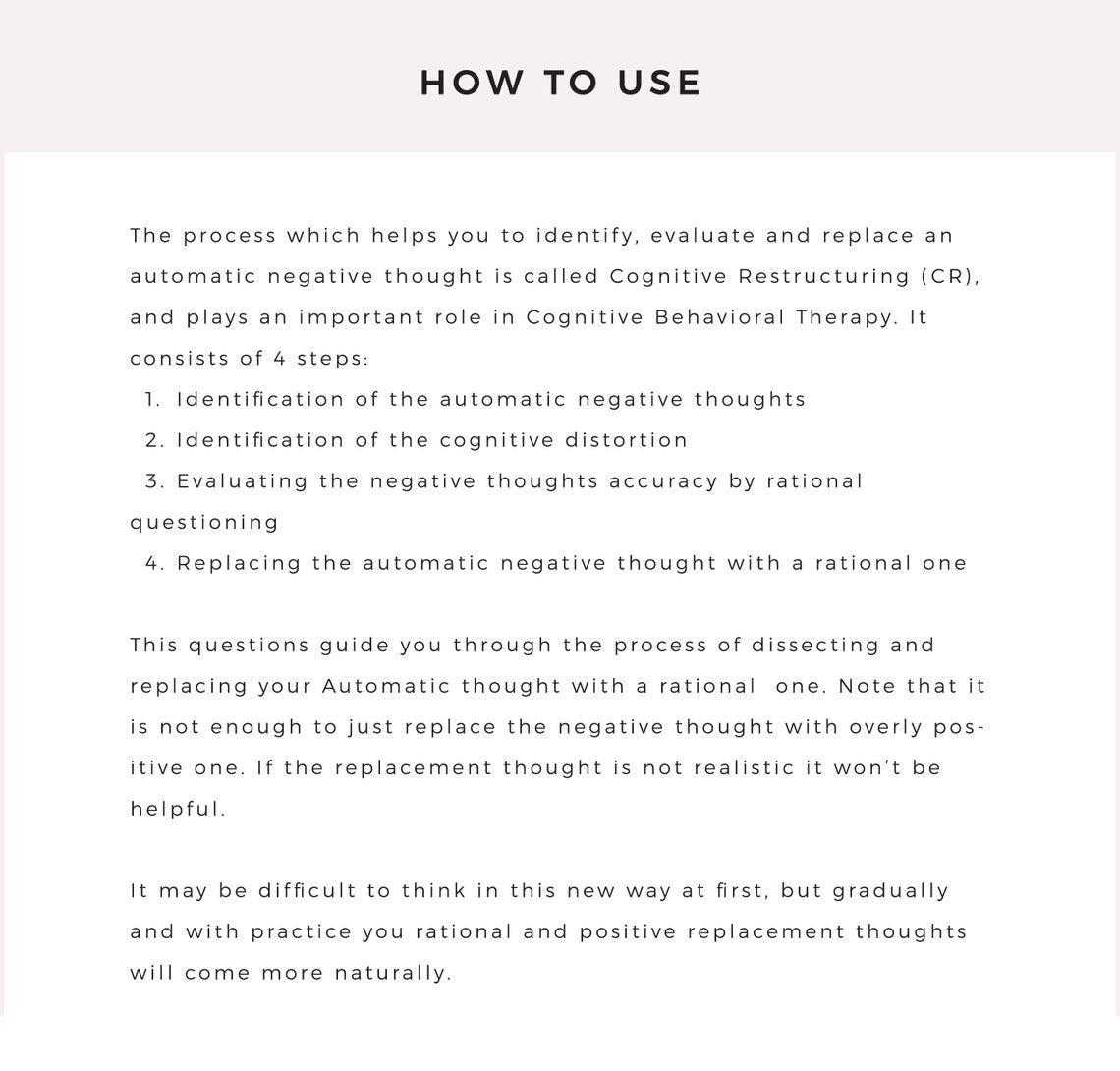 Challenge Automatic Negative Thoughts, CBT Worksheets, Mental Health ...