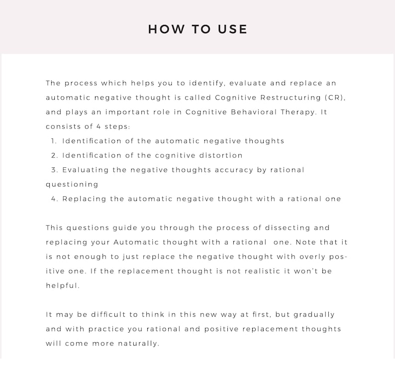 Challenge Automatic Negative Thoughts, CBT Worksheets, Mental Health ...