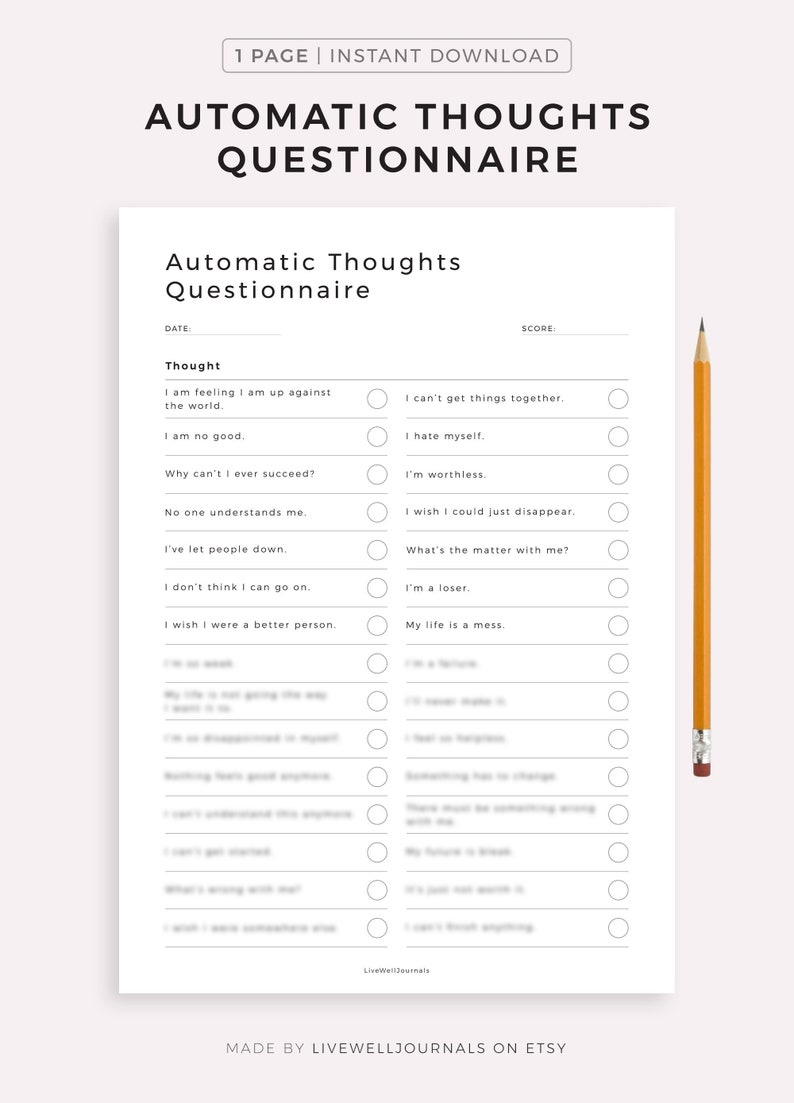 Automatic Thoughts Questionnaire, CBT Printable, Mental Health ...