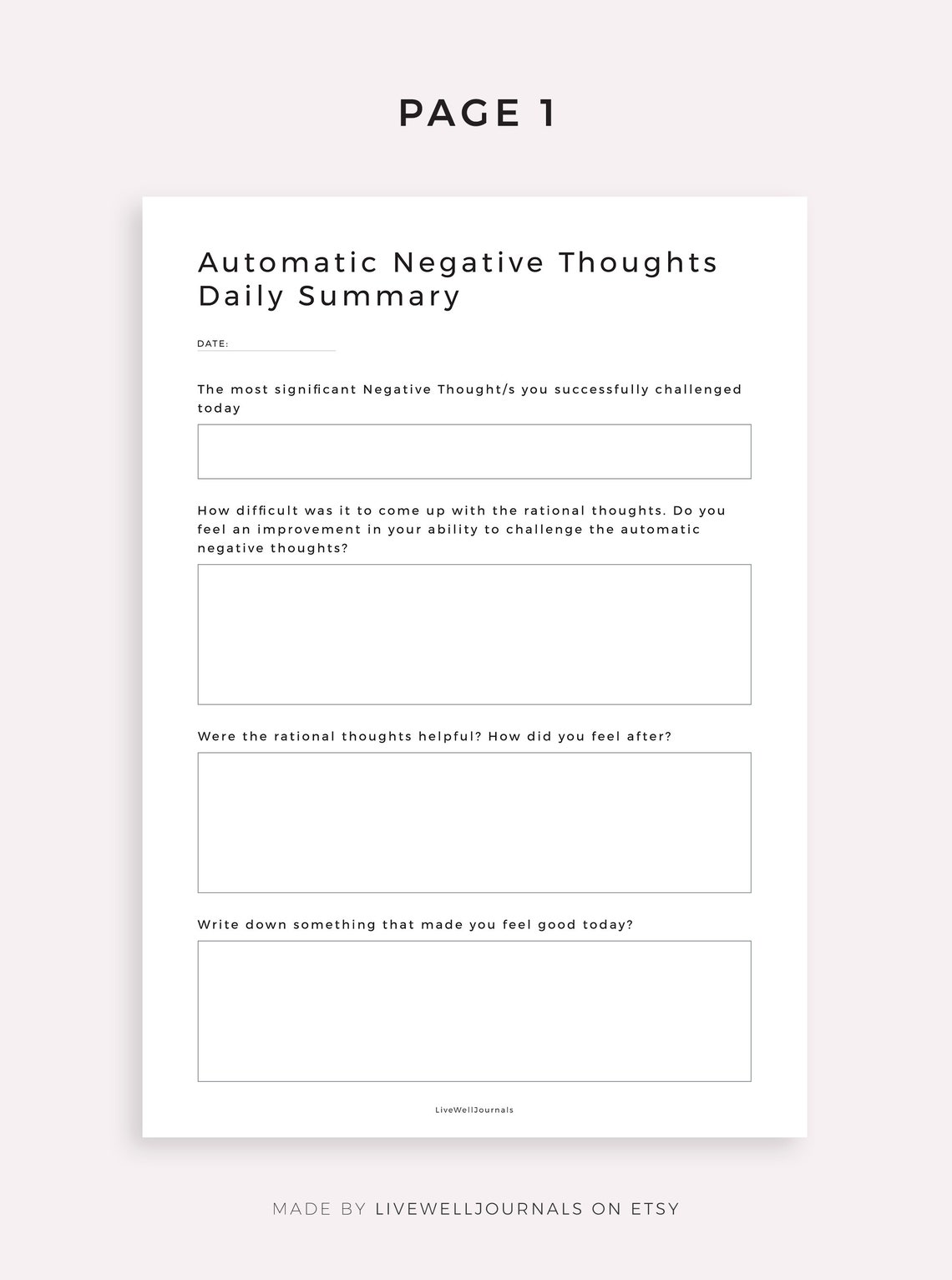 Automatic Negative Thoughts Daily Summary, CBT Worksheets, Mental ...