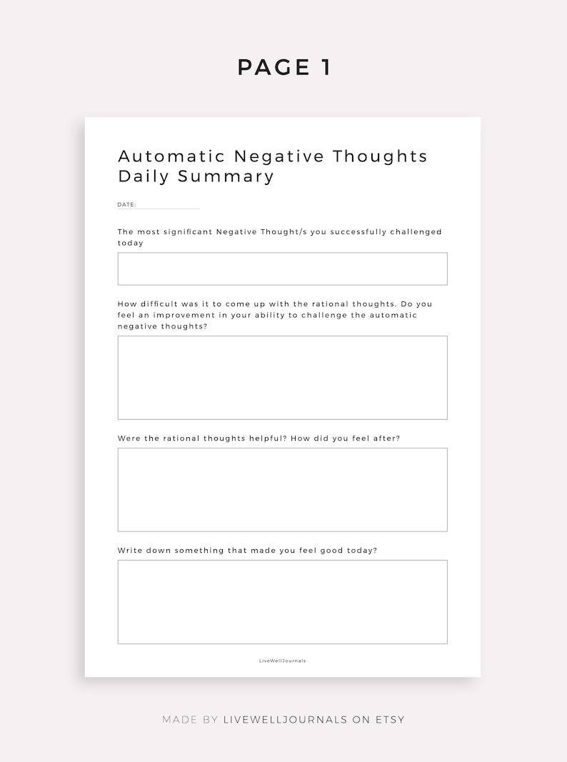 Automatic Negative Thoughts Daily Summary, CBT Worksheets, Mental ...