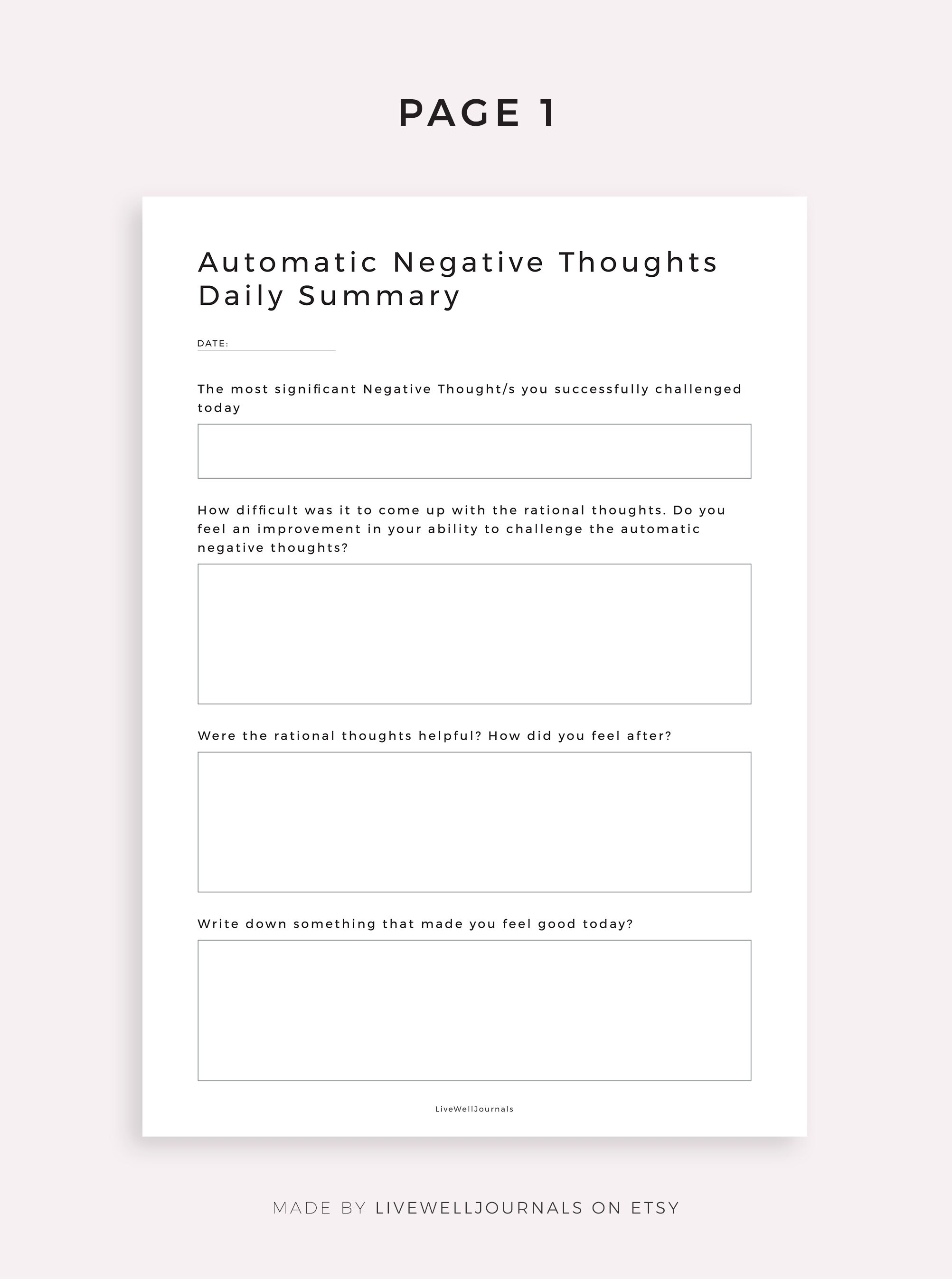 Automatic Negative Thoughts Daily Summary, CBT Worksheets, Mental ...