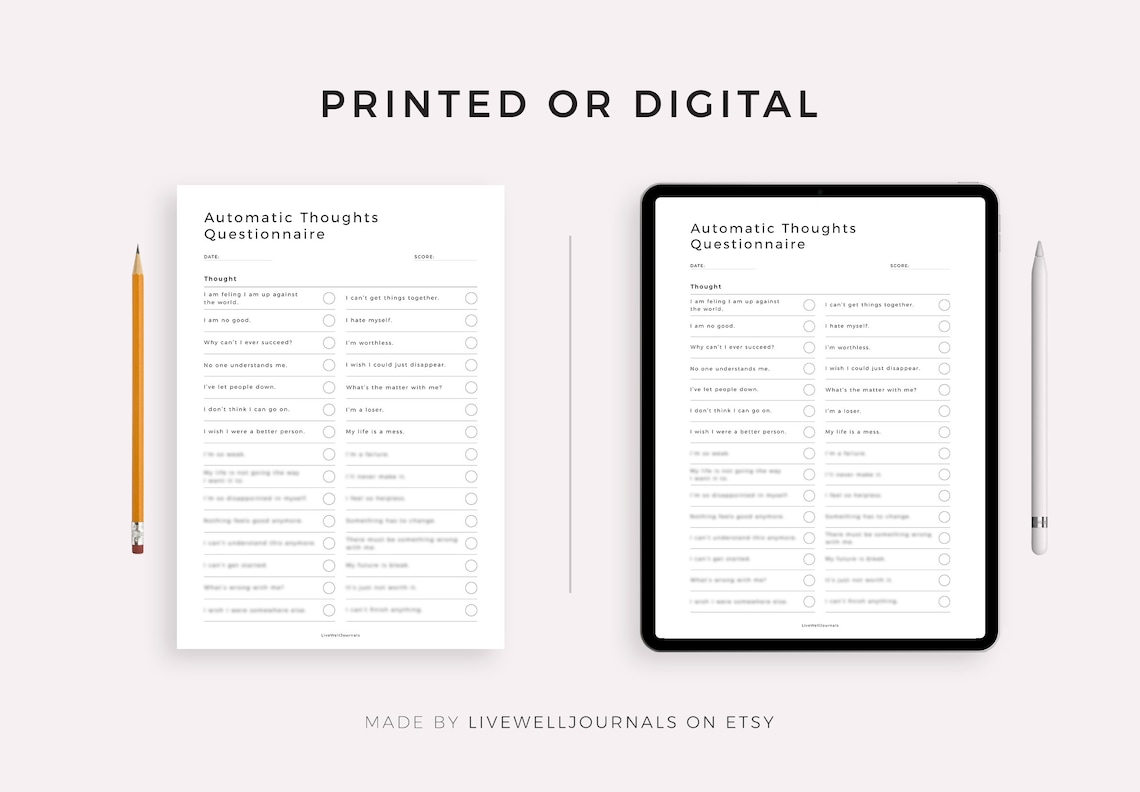 Automatic Thoughts Questionnaire, CBT Printable, Mental Health ...