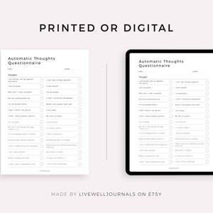 Automatic Thoughts Questionnaire, CBT Printable, Mental Health ...
