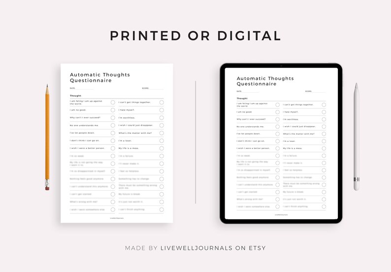 Automatic Thoughts Questionnaire, CBT Printable, Mental Health ...