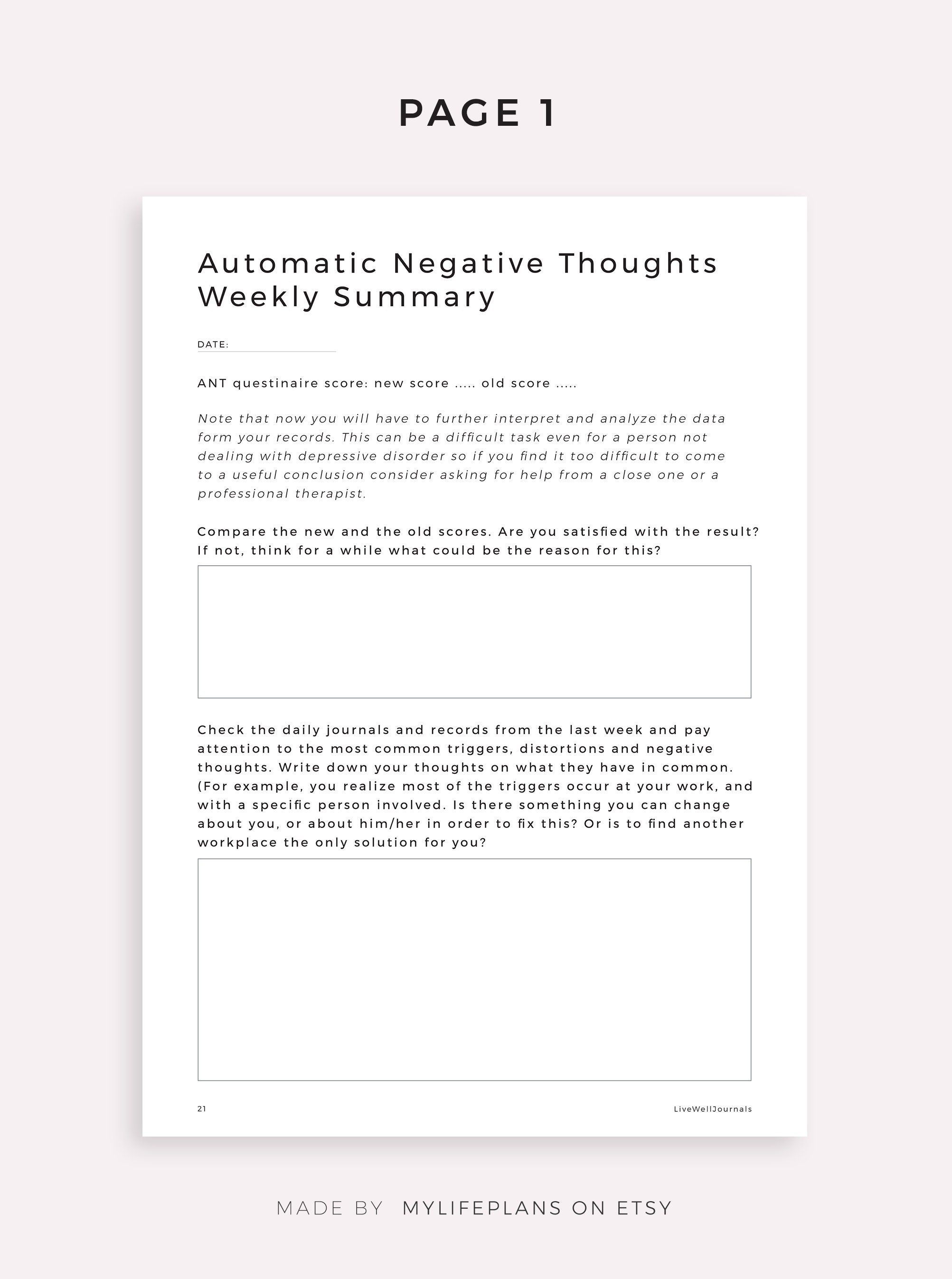 Automatic Negative Thoughts Weekly Summary, CBT Worksheets Printable ...