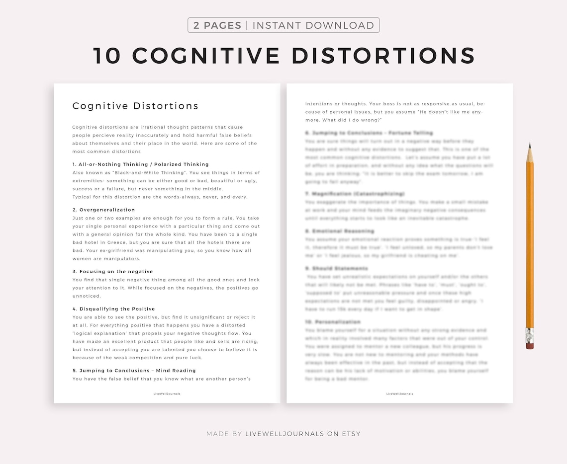 10 Cognitive Distortions, CBT Printable Insert, Instant Download PDF - Etsy