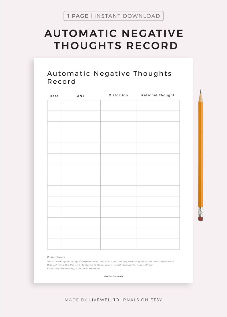 Automatic Negative Thoughts Record, CBT Worksheets, Mental Health ...