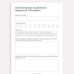 Challenge Automatic Negative Thoughts, CBT Worksheets, Mental Health ...