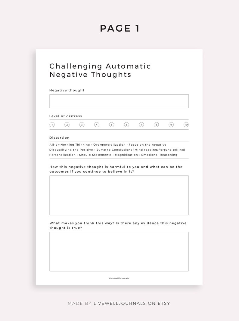 Challenge Automatic Negative Thoughts, CBT Worksheets, Mental Health ...