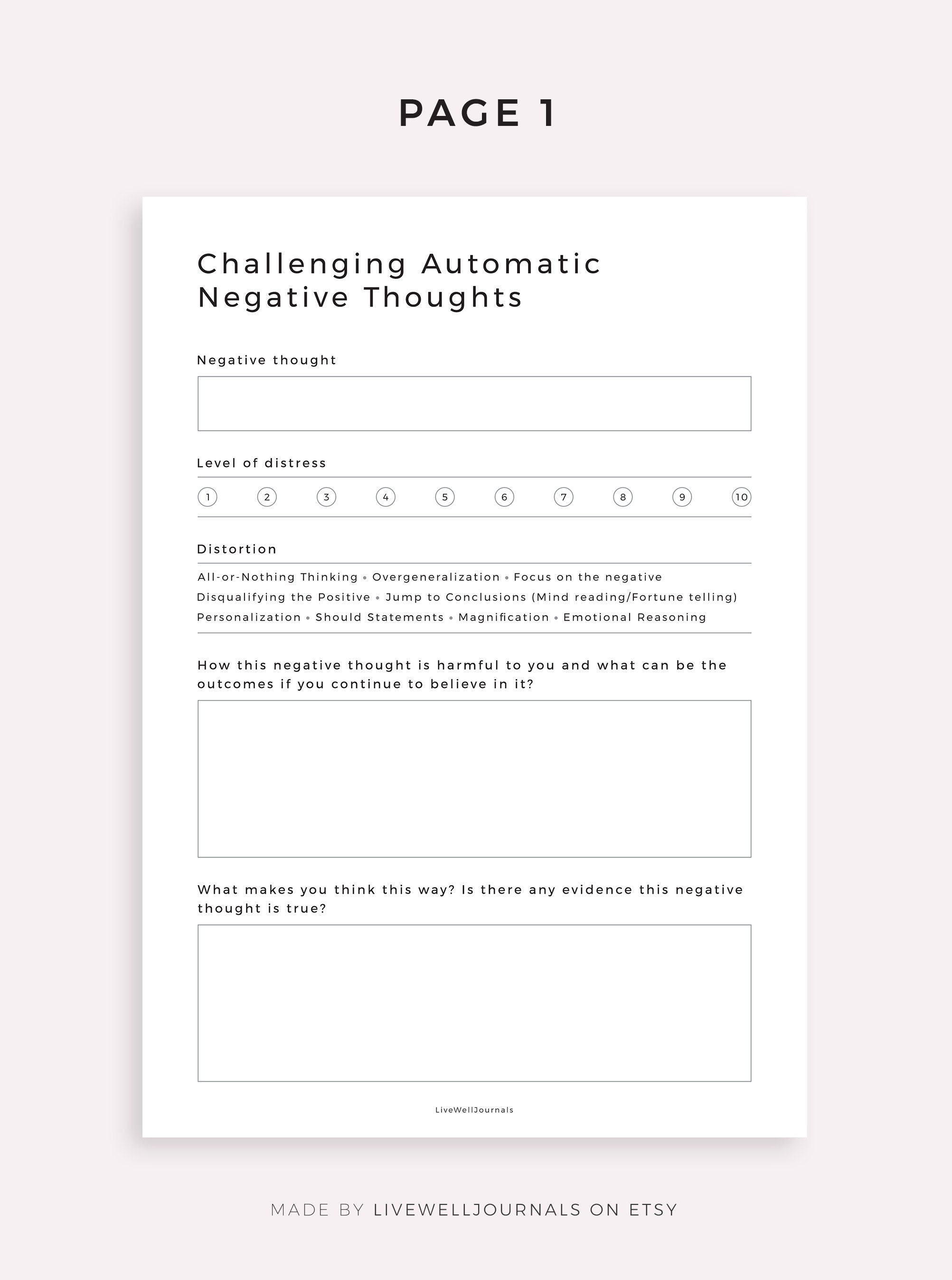 Challenge Automatic Negative Thoughts, CBT Worksheets, Mental Health ...