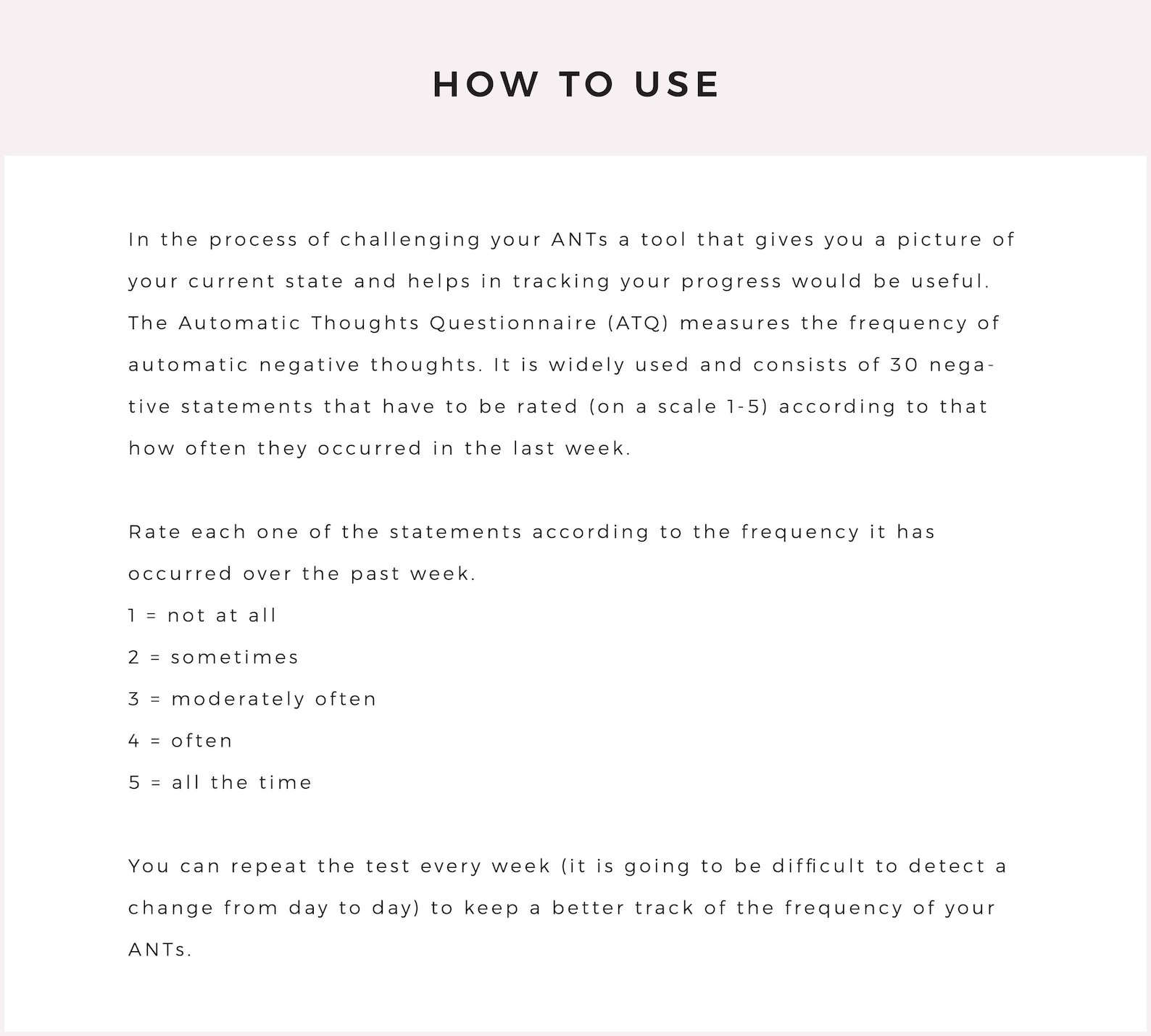 Automatic Thoughts Questionnaire, CBT Printable, Mental Health ...