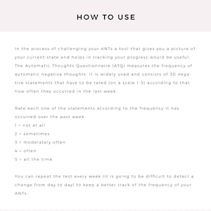 Automatic Thoughts Questionnaire, CBT Printable, Mental Health ...