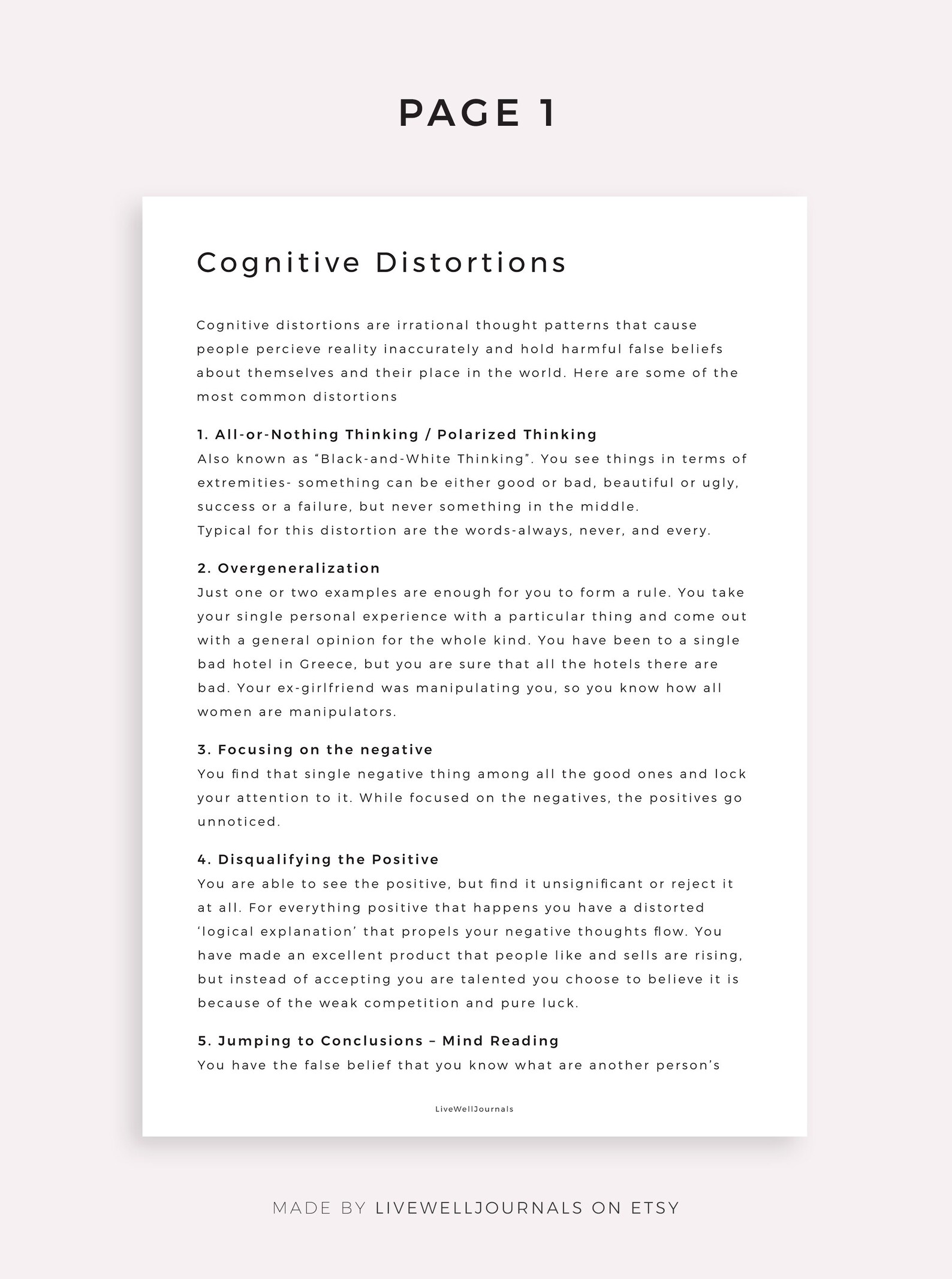 10 Cognitive Distortions, CBT Printable Insert, Instant Download PDF - Etsy