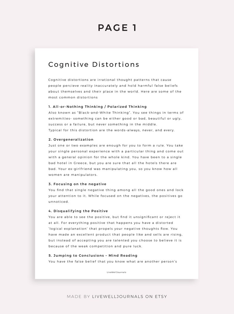 10 Cognitive Distortions, CBT Printable Insert, Instant Download PDF - Etsy