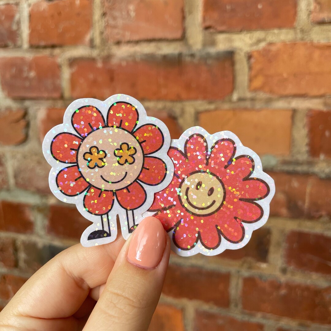Sticker Set Good Vibes Power Sparkle Glitter Holo Smiley Flower Red ...