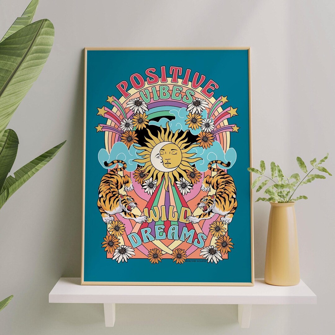 A4 Psychedelic 60s Art Print, TURQUOISE Positive Vibes & Wild Dreams ...