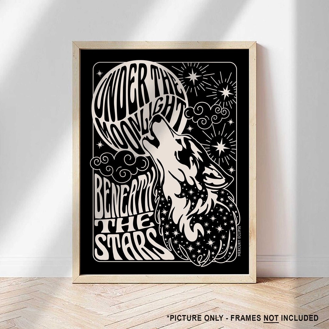 Black Howling Wolf & Moon Gothic Art Print, Off-white Black Poster ...