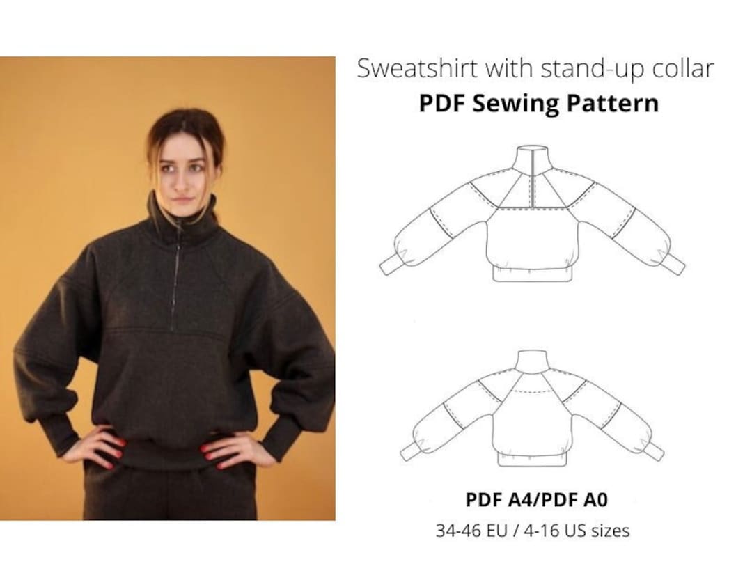 Sweatshirt PDF Sewing Pattern/ Stand-up Collar/ Instant Download - Etsy