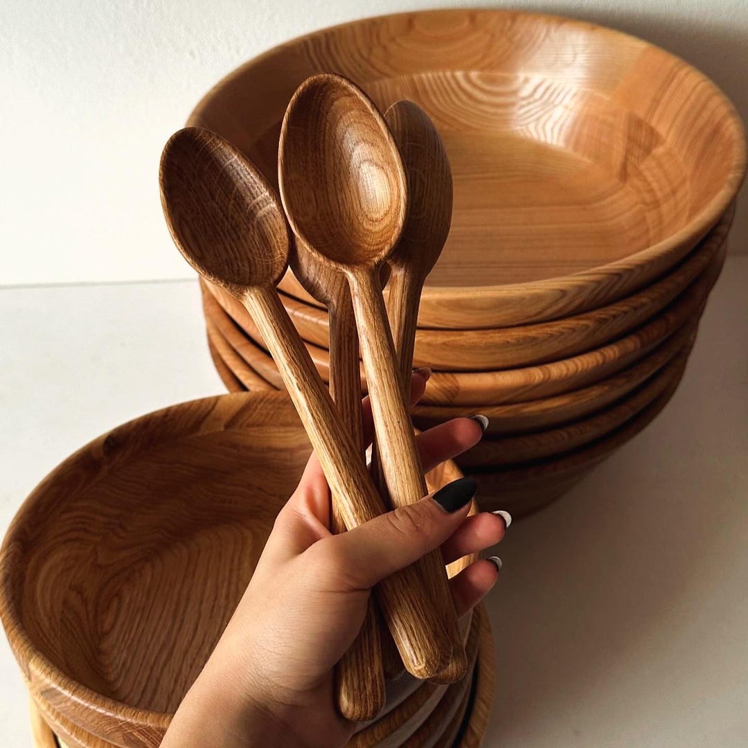 Oak Wooden Spoon Set: Rustic Kitchen Utensils, Natural Wood Tableware ...