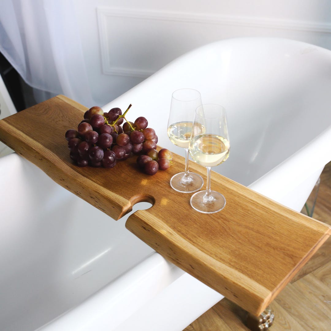 Relaxing Bath Tray in Solid Oak Wood With Wine Glass Slots, Handmade ...