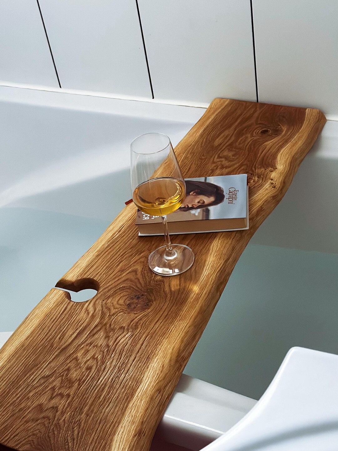 Live Edge Oak Bath Tray Wooden Bathtub Shelf With Wine Glass Holder ...