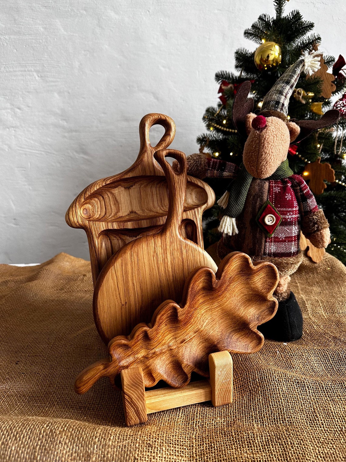 Wooden Platter Set of 3 With Holder, Acorn Shape, Oak Leaf Shape ...
