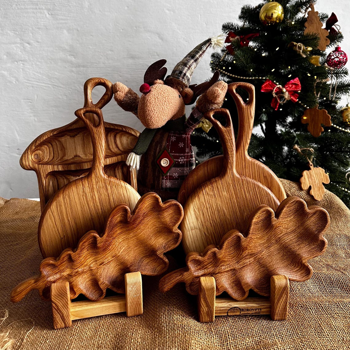 Wooden Platter Set of 3 With Holder, Acorn Shape, Oak Leaf Shape ...