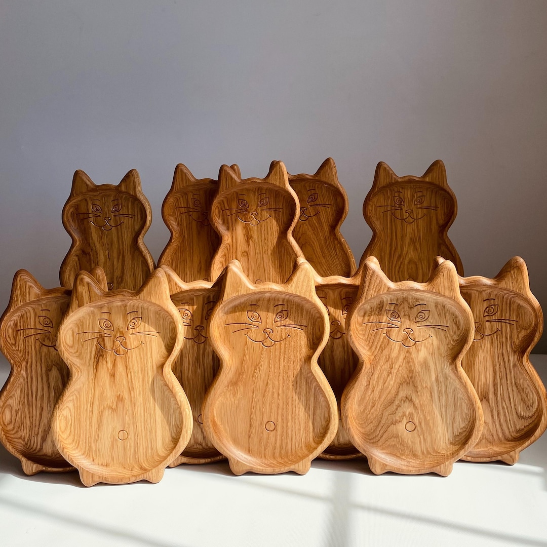 Handmade Wooden Cat Shaped Tray, Cute Animal Snack Plate, Natural Wood ...