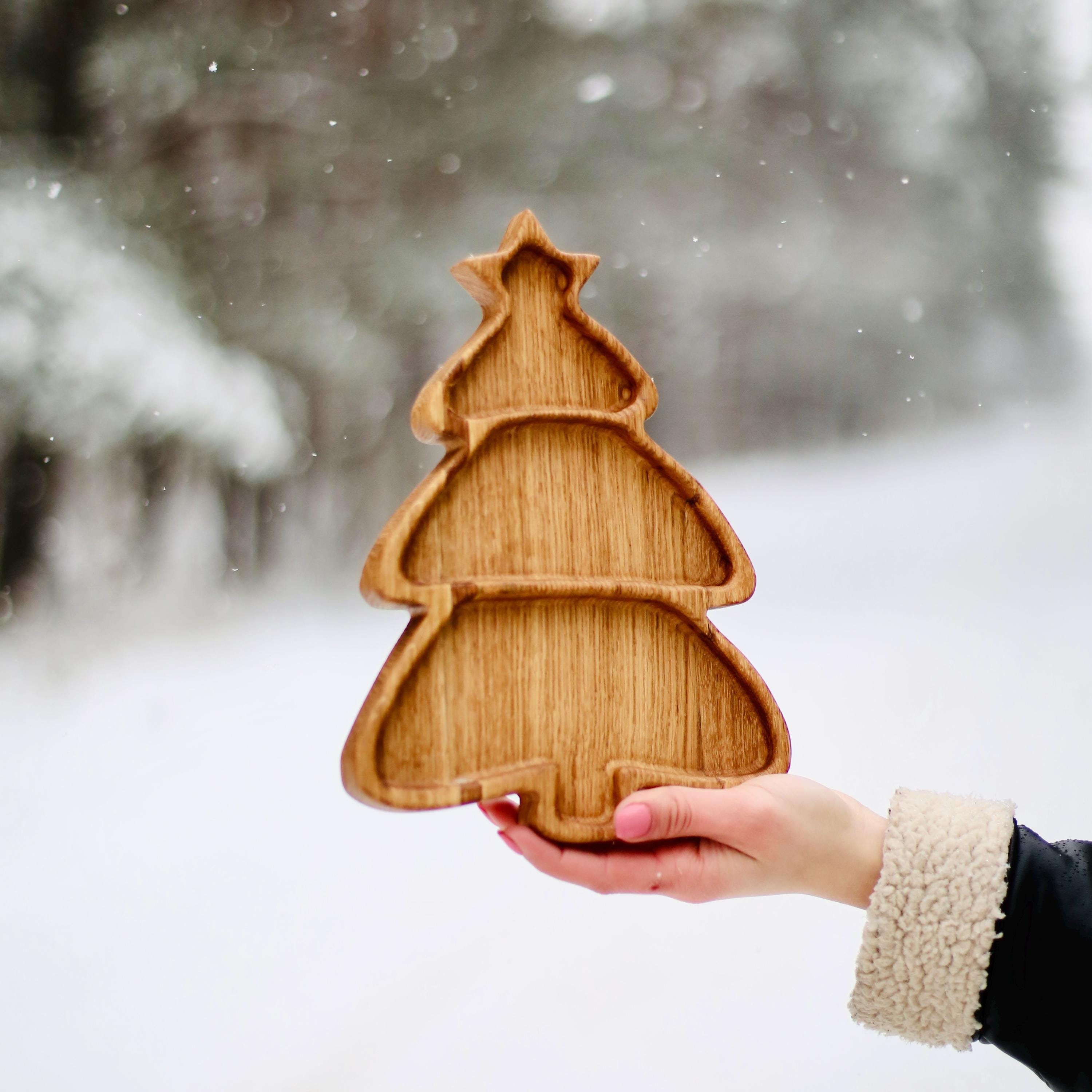 Wooden Tree Shaped Serving Tray With Compartments, Natural Wood Snack ...