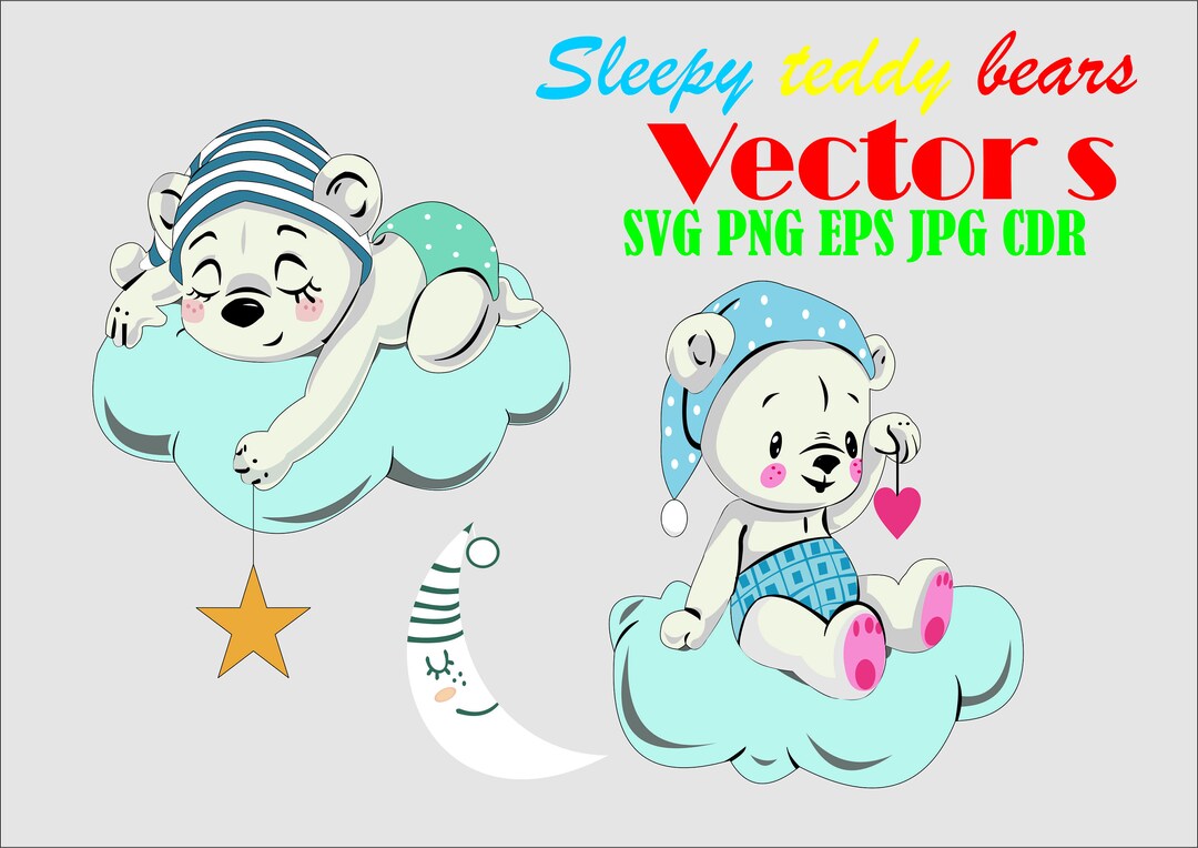 Sleepy Teddy Bears in the Clouds, Vectors Illustration, Svg, Png, Eps ...