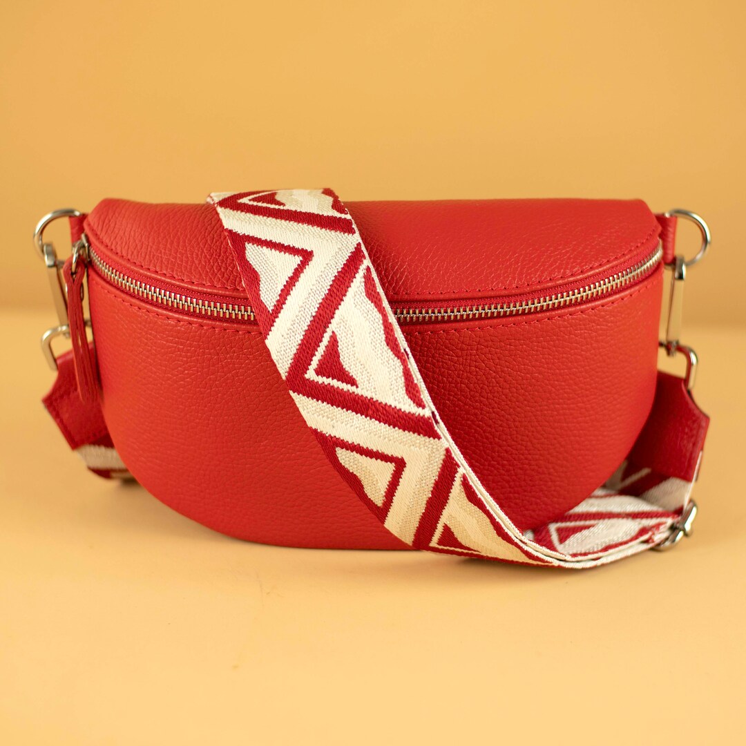 Red Crossbody Bag for Women With Leather Belt and Patterned Strap Waist ...