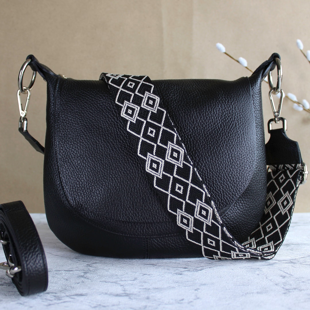 Black Leather Crossbody Bag for Women With Leather Belt and Patterned ...