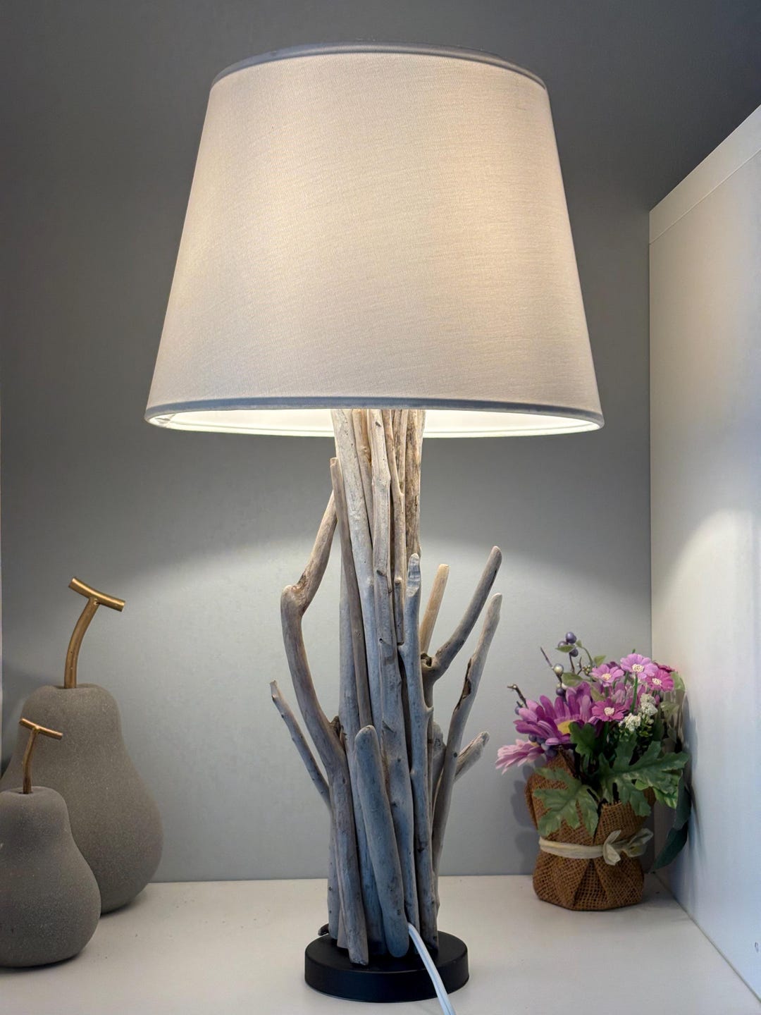 Driftwood Table Lamp, Black Base, Coastal Decor (25.5
