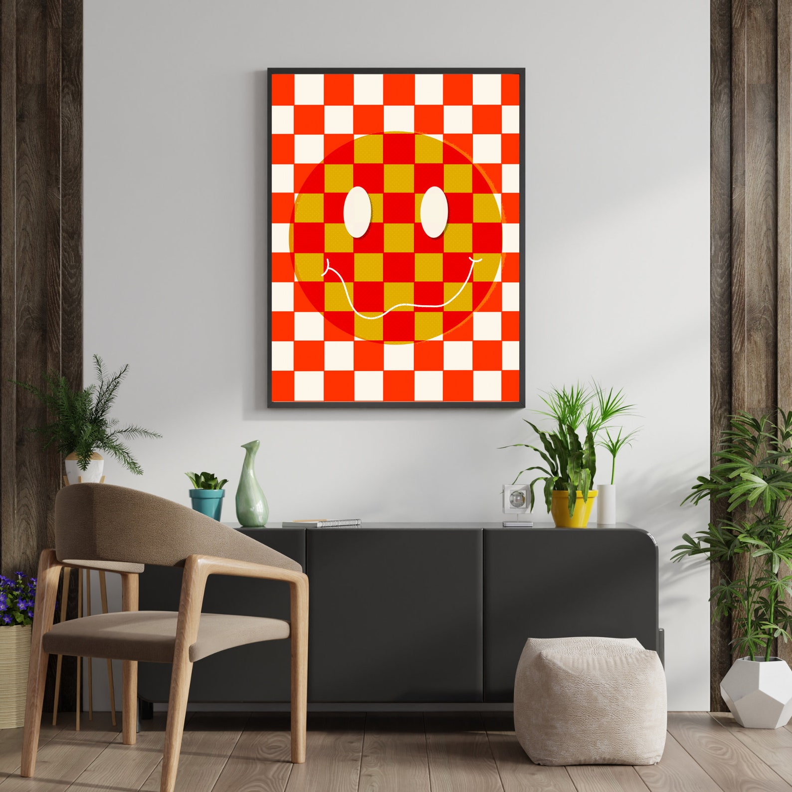 Checkered Smile Wall Art, Orange Checkered Smiley Face Wall Art, Red ...