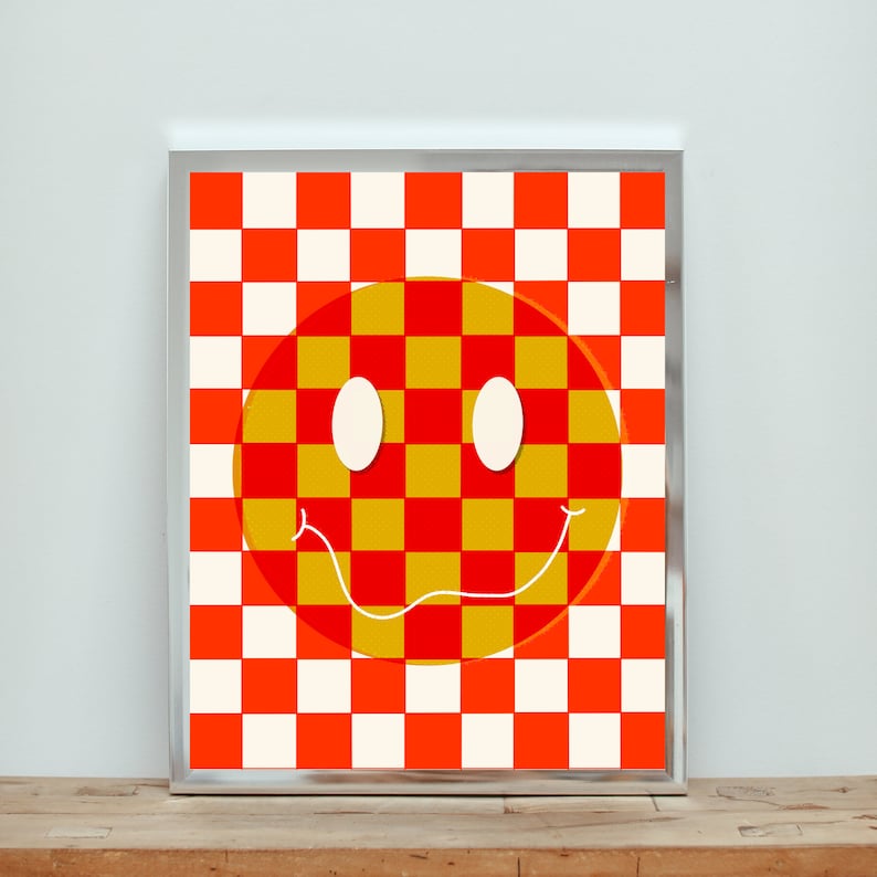 Checkered Smile Wall Art, Orange Checkered Smiley Face Wall Art, Red ...