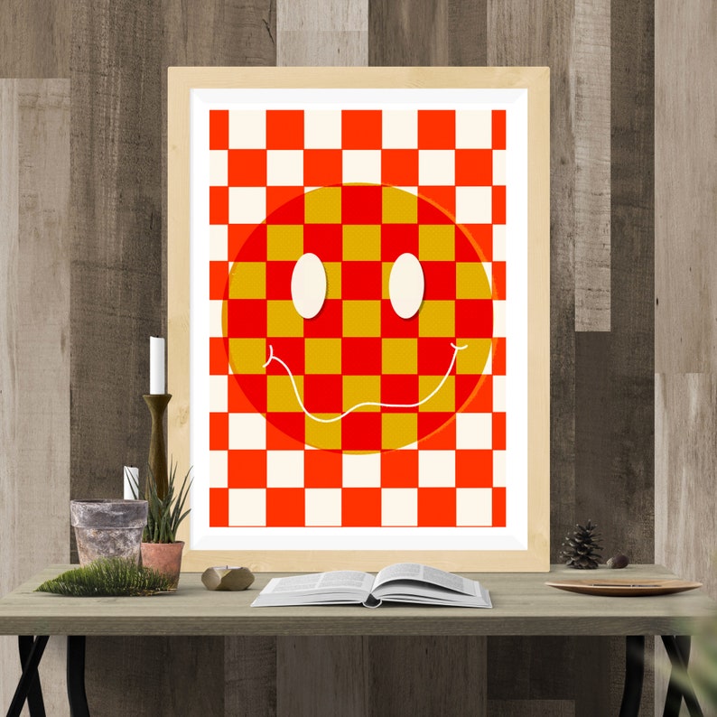 Checkered Smile Wall Art, Orange Checkered Smiley Face Wall Art, Red ...